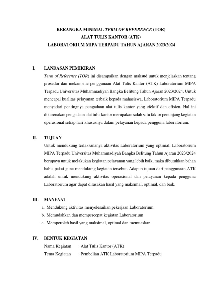 TOR ATK Lab. MIPA Terpadu TA 2023-2024 | PDF
