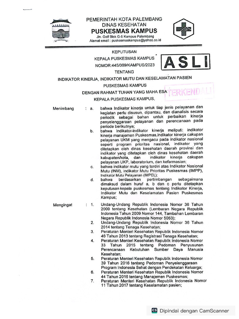 1.6.1.a.1 SK Indikator Kinerja, Indikator Mutu Dan Keselamatan Pasien | PDF