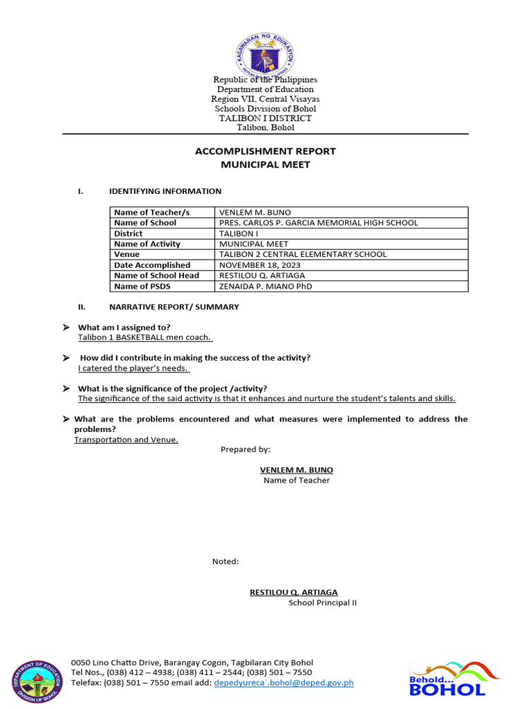 Accomplishment-Report Municipal Meet | PDF | Philippines