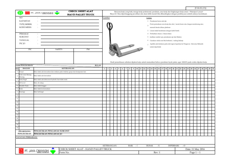 Checklist Pengecekan Hand Pallet Truck | PDF