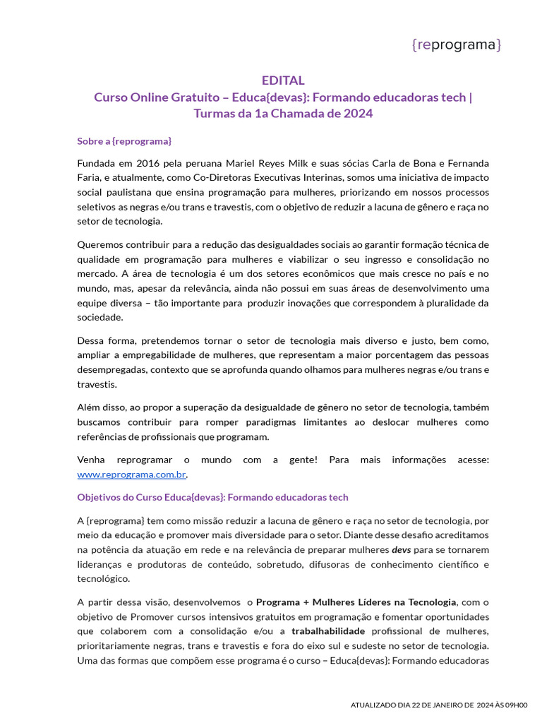Edital - Curso Educa (Devas) - Formando Educadoras Tech (1 - 2024) | PDF | Pedagogia | Conhecimento