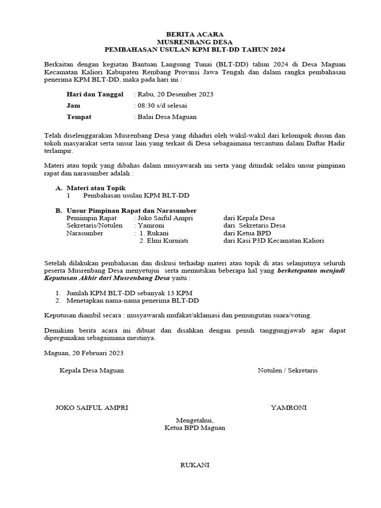 Berita Acara Musdes Blt Dd 2024 Pdf
