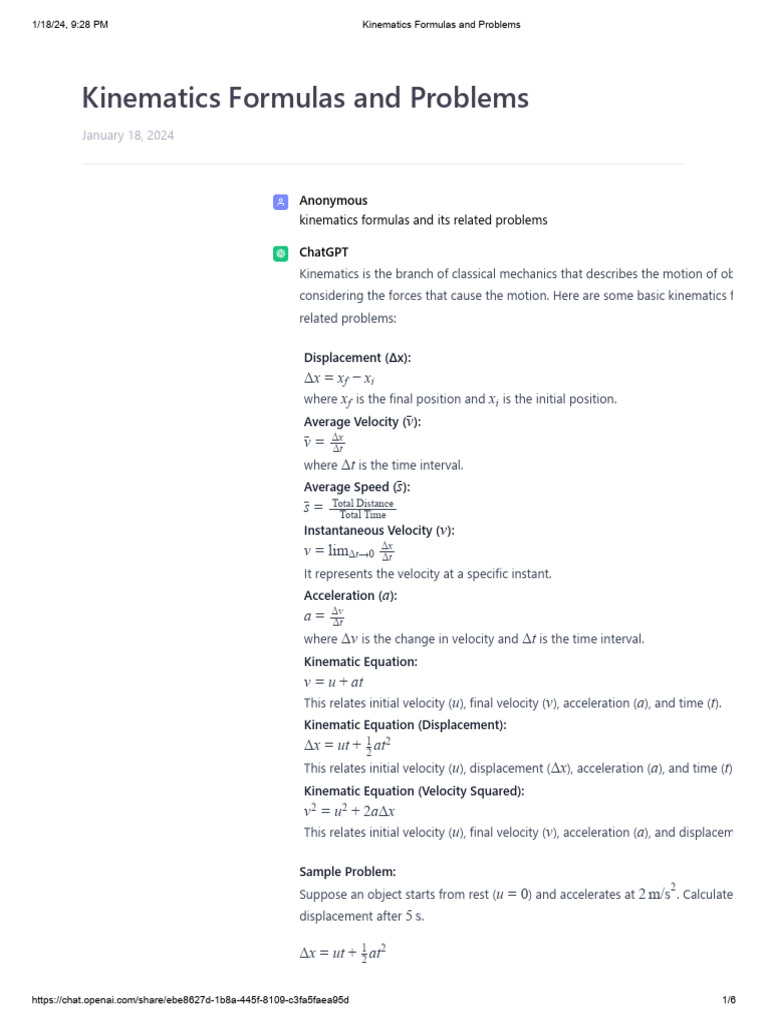 Kinematics Formulas and Problems | PDF | Torque | Rotation Around A Fixed Axis
