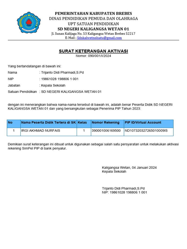 Surat Keterangan Aktivasi PIP Nominasi Tahun 2023, SD NEGERI KALIGANGSA ... Surat Keterangan Aktivasi PIP Nominasi Tahun 2023, SD NEGERI KALIGANGSA ...