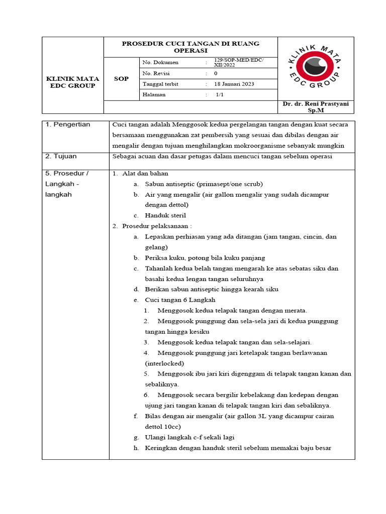Sop Cuci Tangan Sebelum Operasi Fix | PDF | Kesehatan Holistik