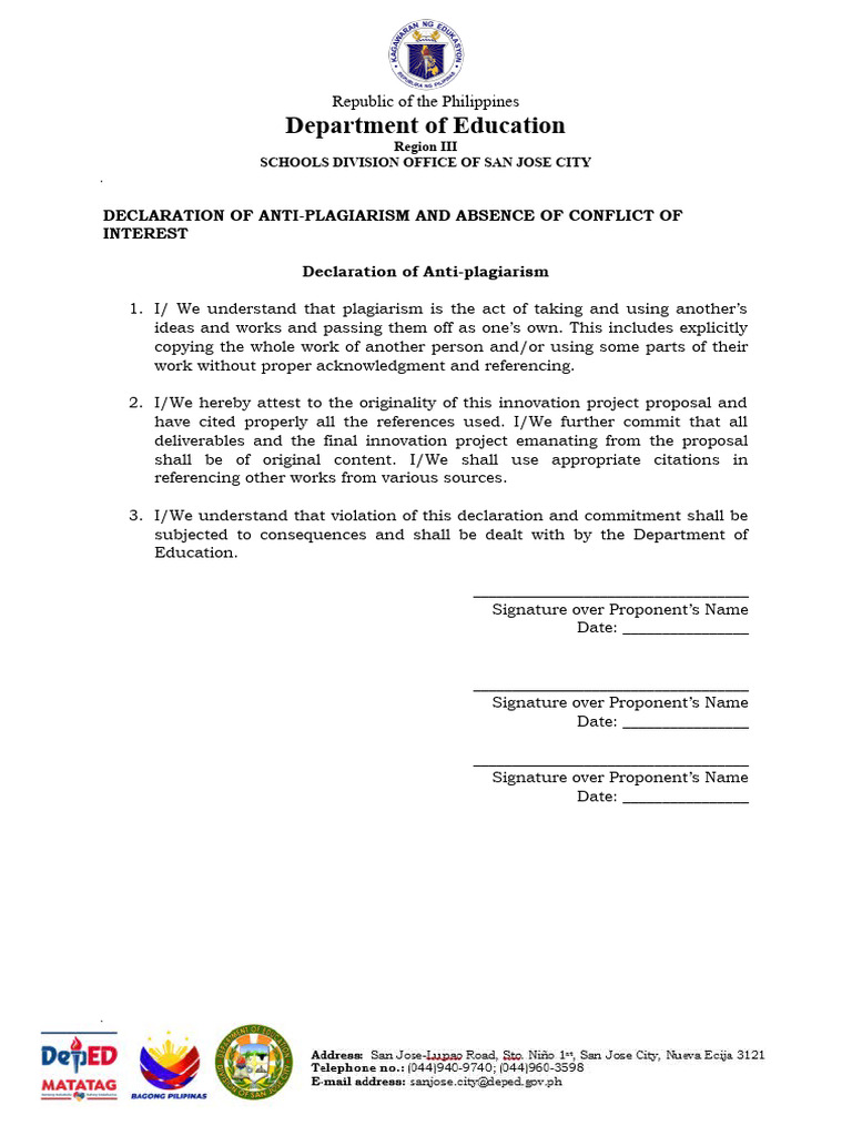 Annex 5 - Declaration of Anti-Plagiarism and Absence of Conflict of Interest | PDF | Conflict Of ...