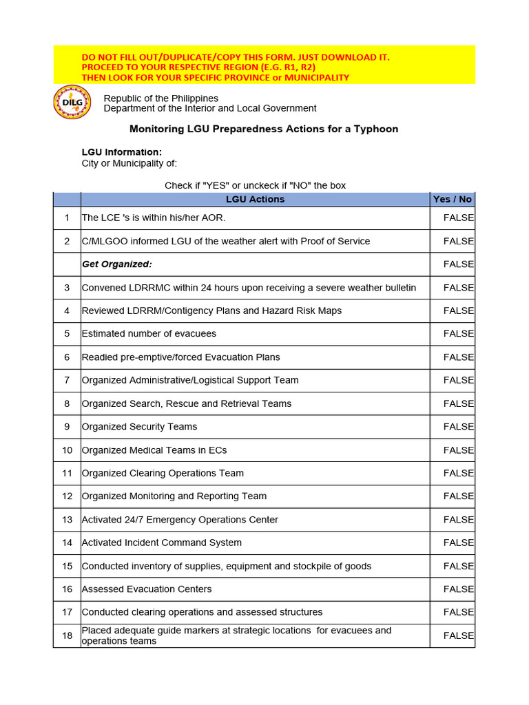 Monitoring Lgu Preparedness Actions For A Typhoon Pdf Emergency