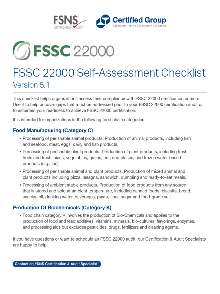 FSNS Certification & Audit FSSC 22000 Checklist | PDF | Risk | Food Safety