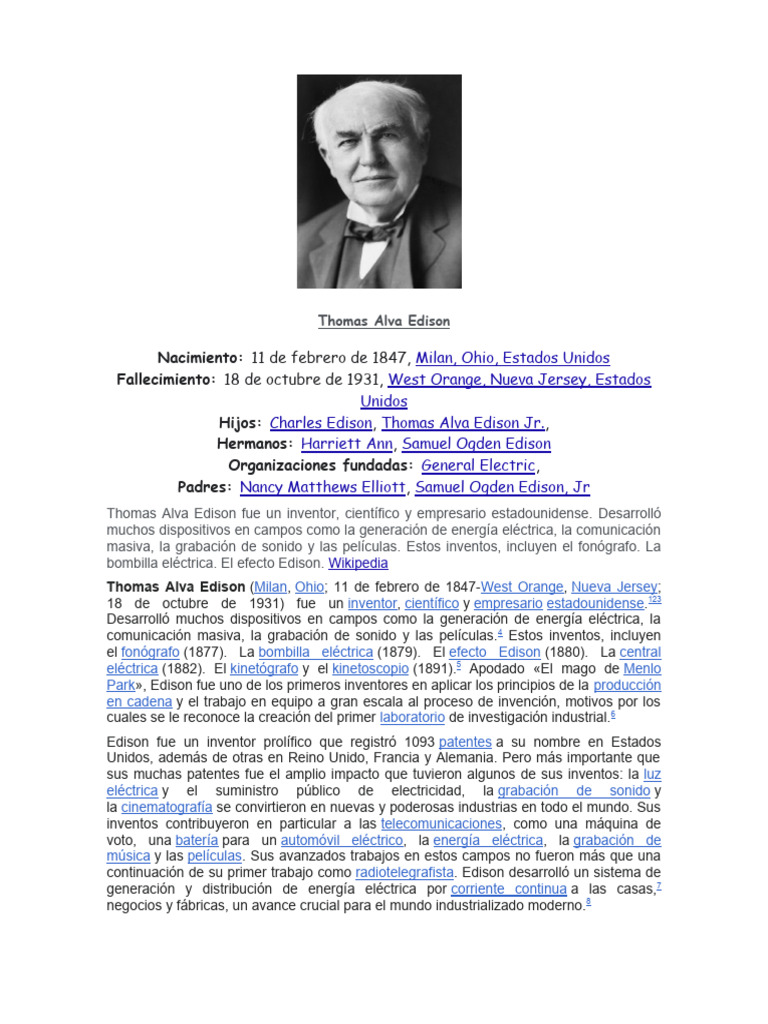 Biografía de Thomas Alva Edison | PDF | Thomas Edison | Albert Einstein
