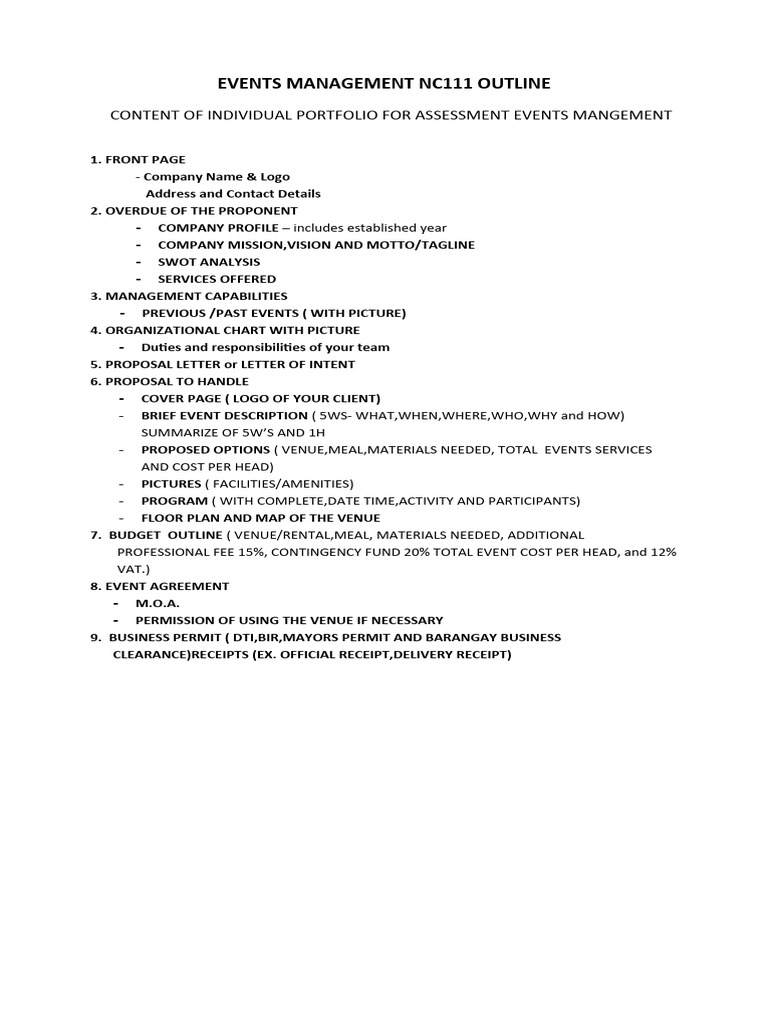 Events Management Portfolio Outline | PDF