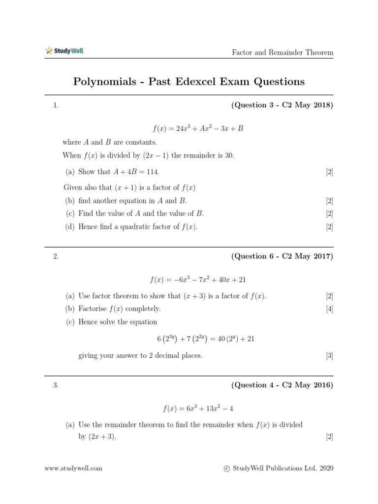 Polynomial Exam Questions | PDF | Factorization | Elementary Mathematics