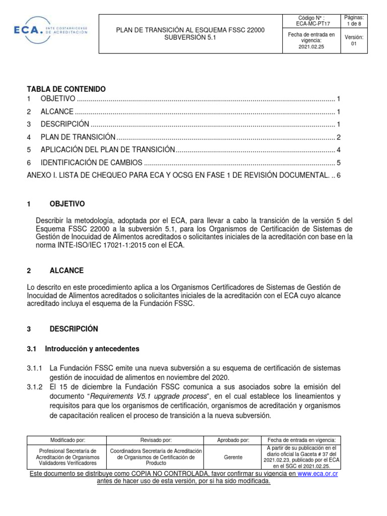 ECA MC PT17 Plan de Transicion FSSC 22000 V5.1 V01 | PDF