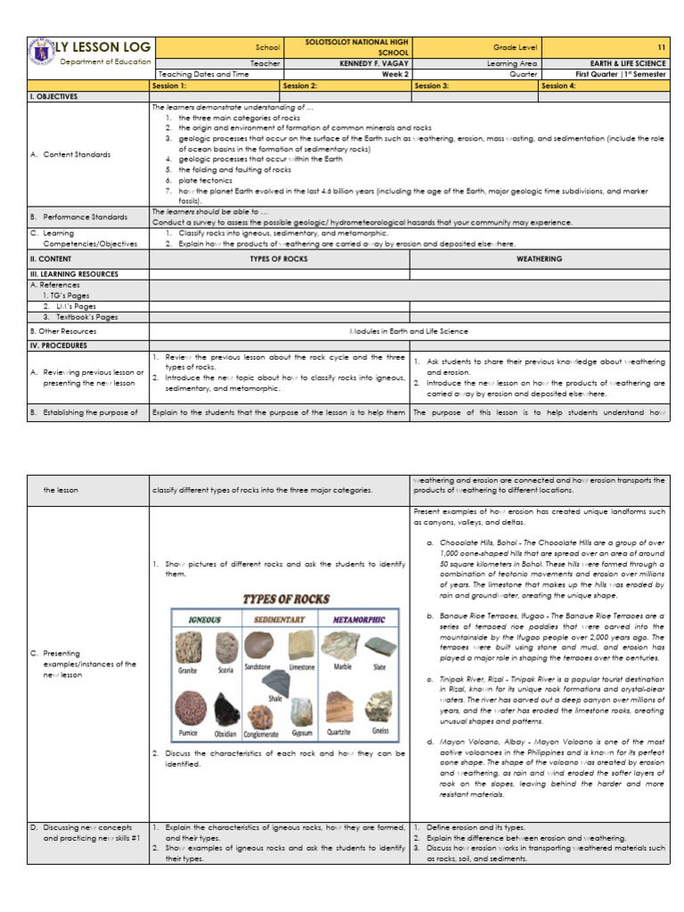 DLL Els Quarter 1 Week 2 | PDF | Rock (Geology) | Geology