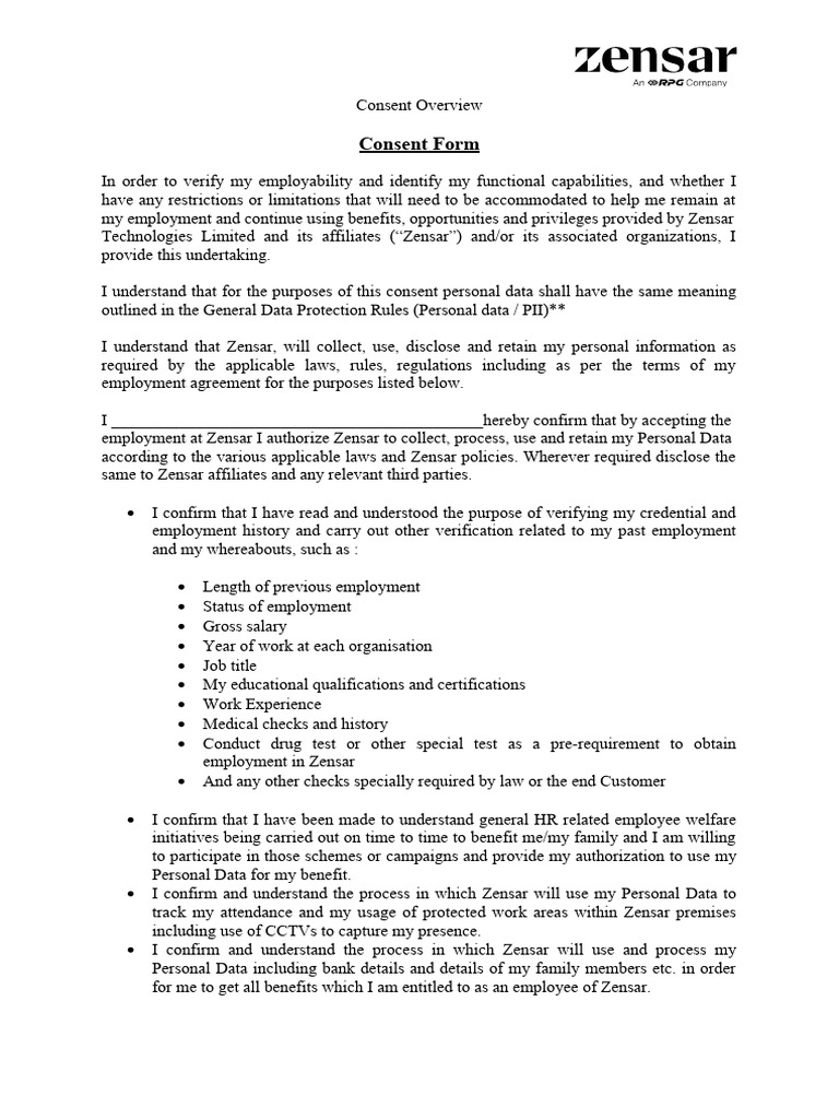 Zensar Consent Form | PDF | Employment | Business
