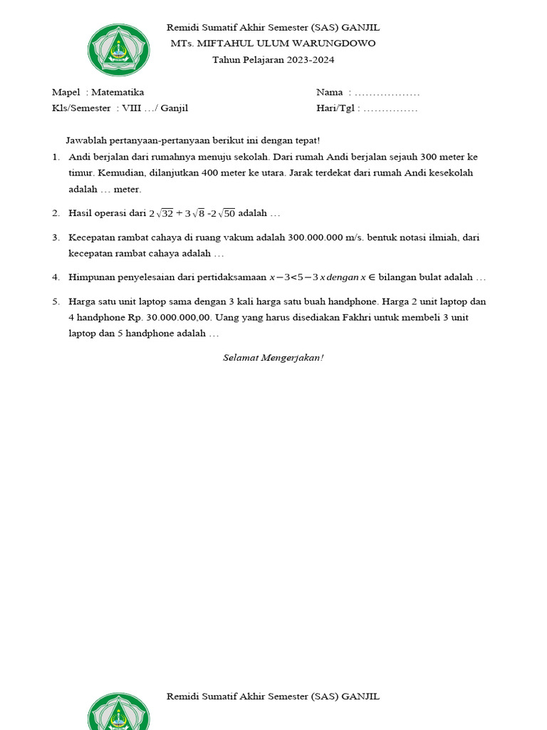 Soal Remidi SAS 2023-2024 Ganjil MTK | PDF