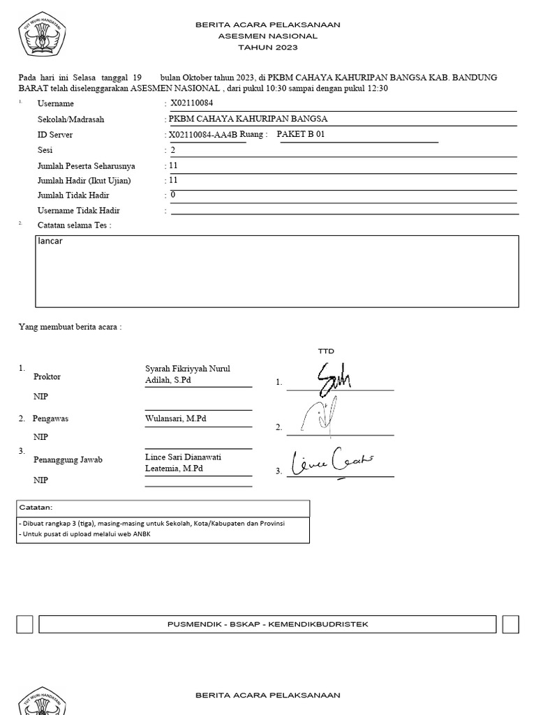 Berita Acara Pelaksanaan Asesmen Nasional Paket B | PDF