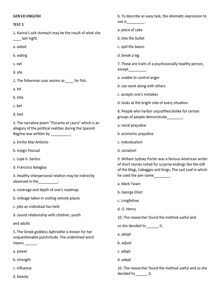 Gen Ed English Test 1 | PDF