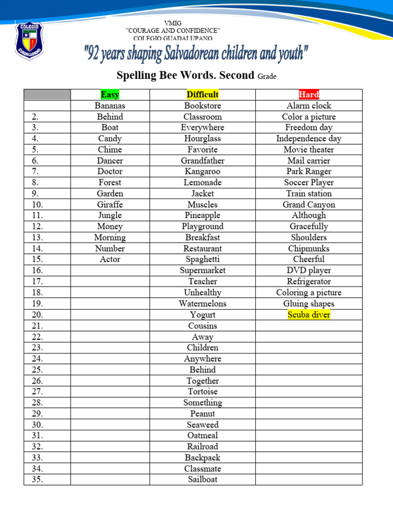 Grade 2 Spelling Bee Word List | PDF | Young Adult