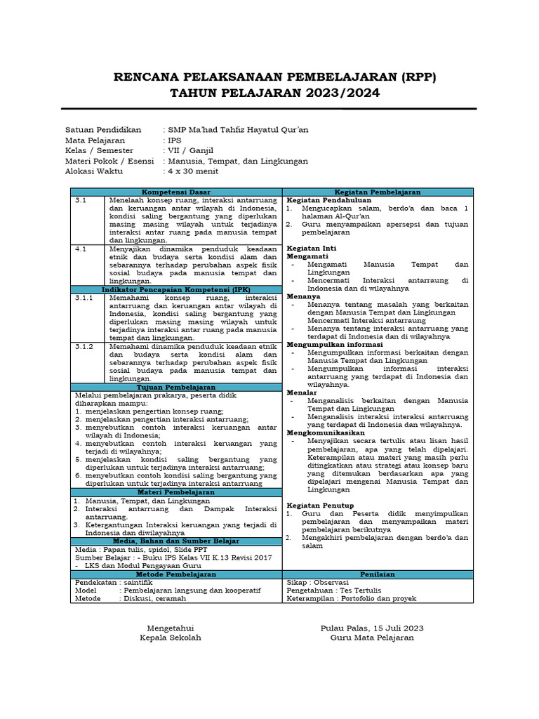 RPP Ips Kelas 7 Semester 1 | PDF