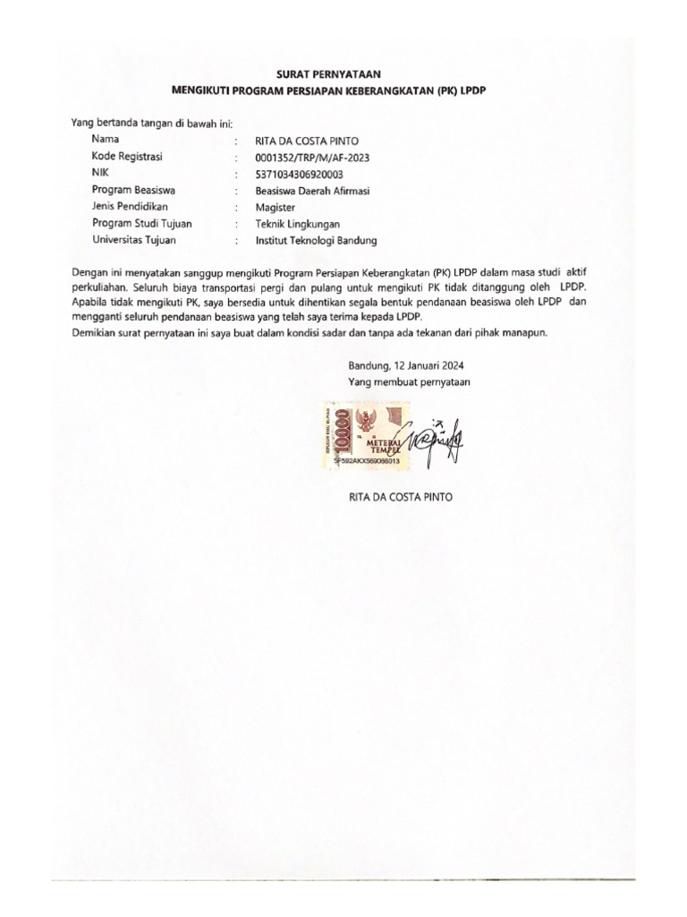 PK-225 Tugas 003-I-Pkd Surat Pernyataan Bersedia Mengikuti PK Rita Da Costa Pinto | PDF
