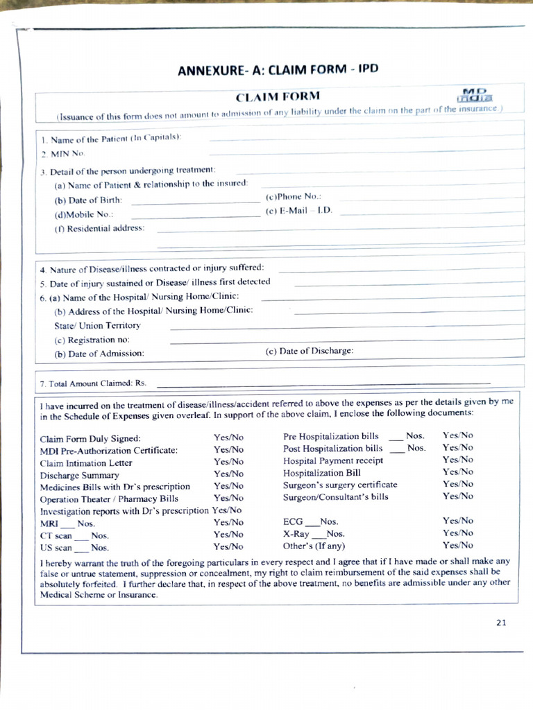 Claim Form IPD Format | PDF | Hospital | Patient