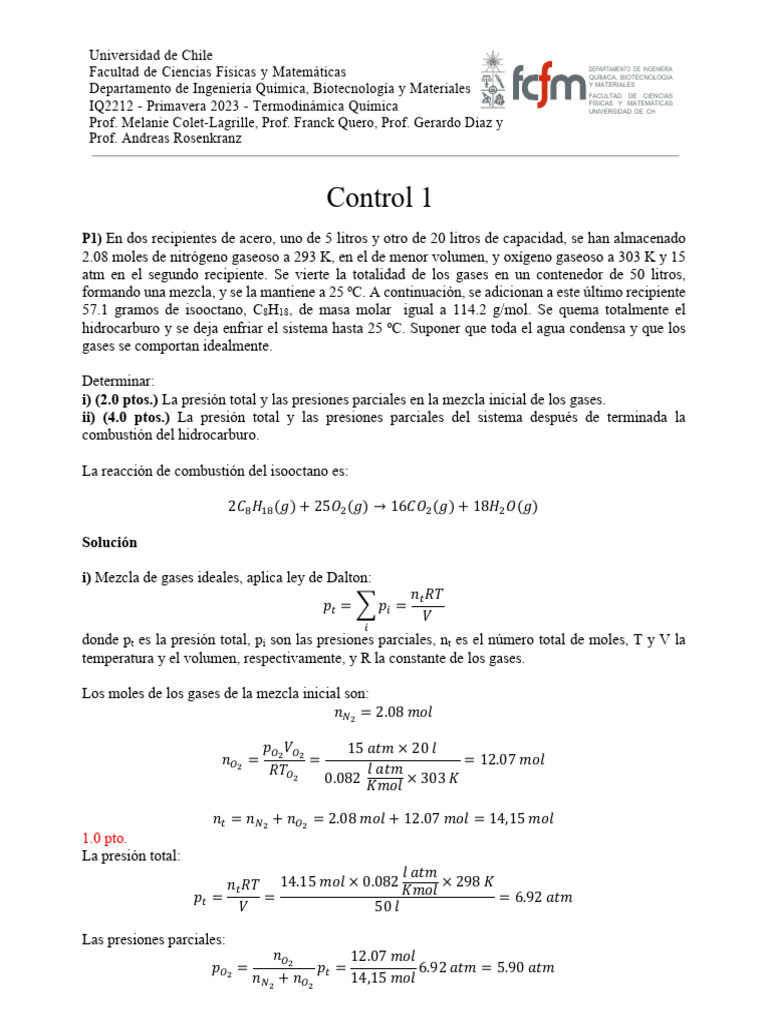 Control 1 Pauta Final | PDF | Entalpía | Gases