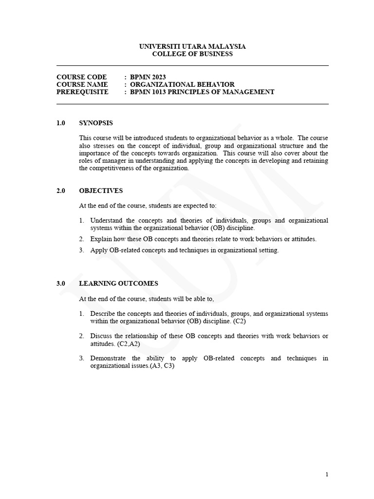 A201 Student Syllabus | PDF | Leadership | Organizational Behavior