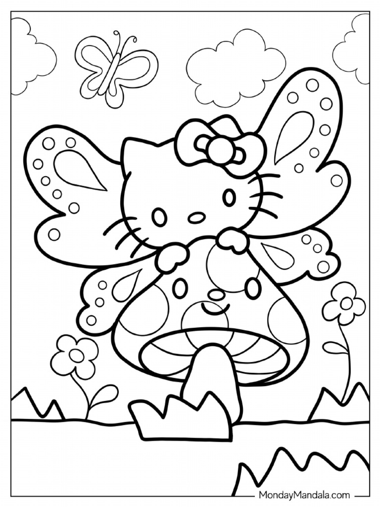 Butterfly Hello Kitty Hugging Mushroom To Color | PDF