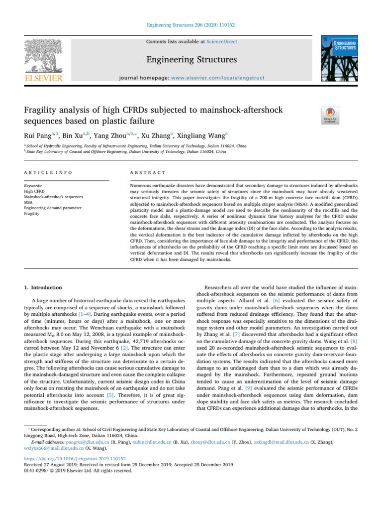 Fragility Analysis of High CFRDs Subjected To Mainshock-Aftershock ...