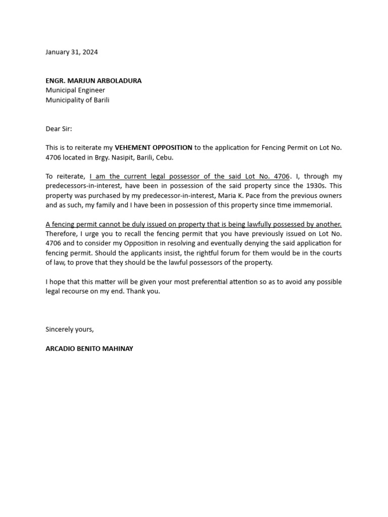Letter - Benito Mahinay Fencing Permit | PDF