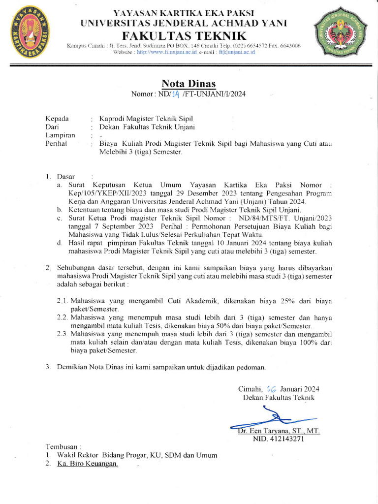 Nota Dinas Biaya Kuliah Prodi S2 T. Sipil Bagi Mahasiswa Yg Cuti Atau Melebihi 3 Semester | PDF