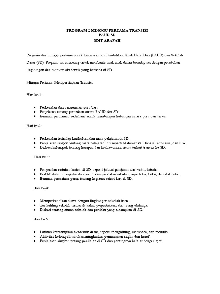 Program 2 Minggu Pertama Transisi Paud SD | PDF