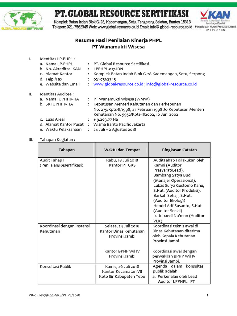 Resume Sertifikasi Awal Penilaian Kinerja PHPL PT Laj 2018 | PDF