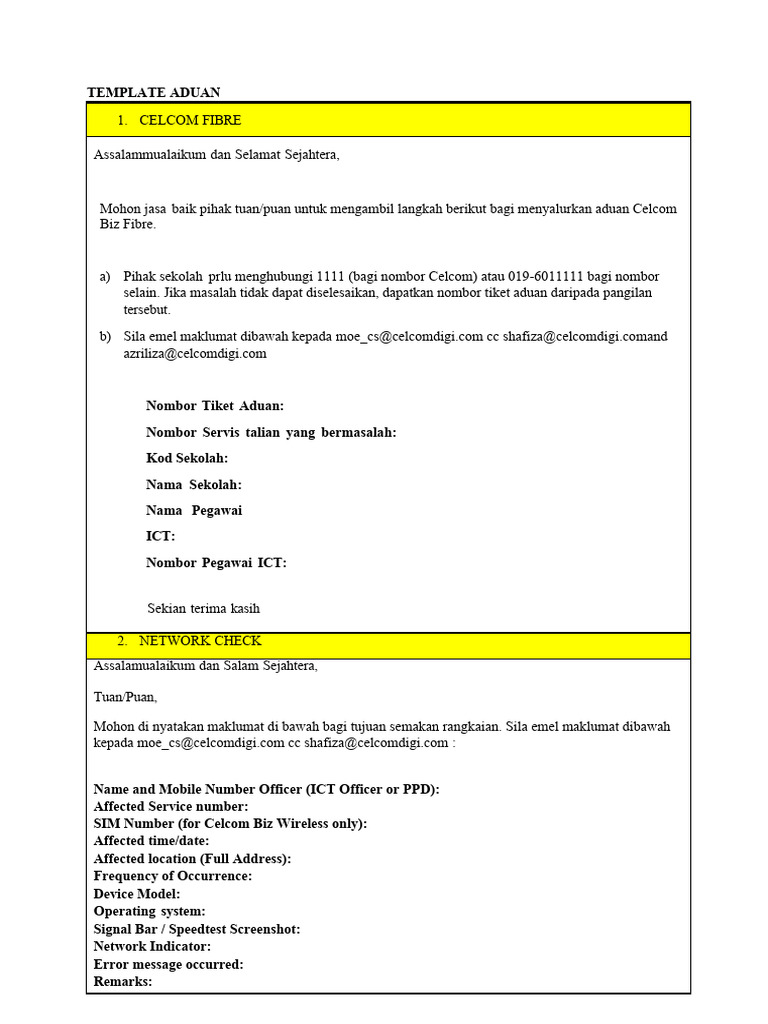 Template Aduan Celcom | PDF
