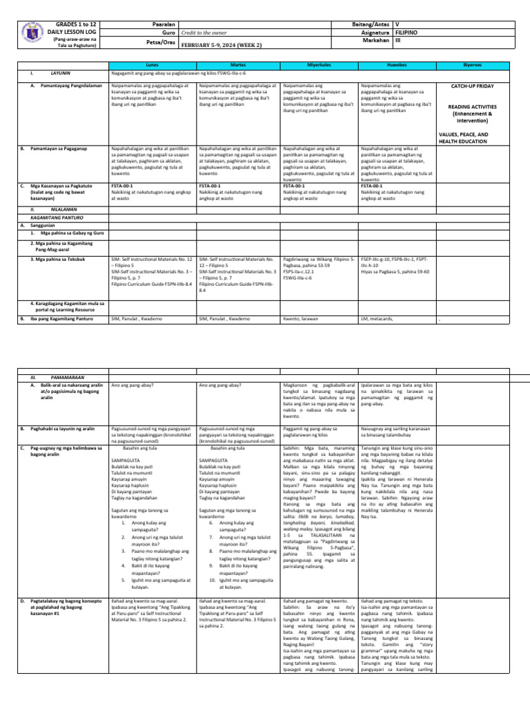 Grade 5 DLL FILIPINO 5 Q3 Week 2 | PDF