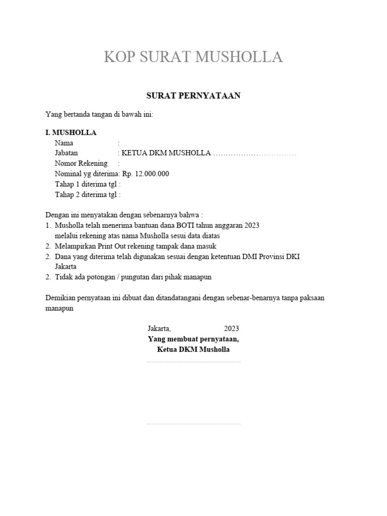 Form Surat Pernyataan, Musholla Telah Menerima Boti, & Insentif 2023 ...