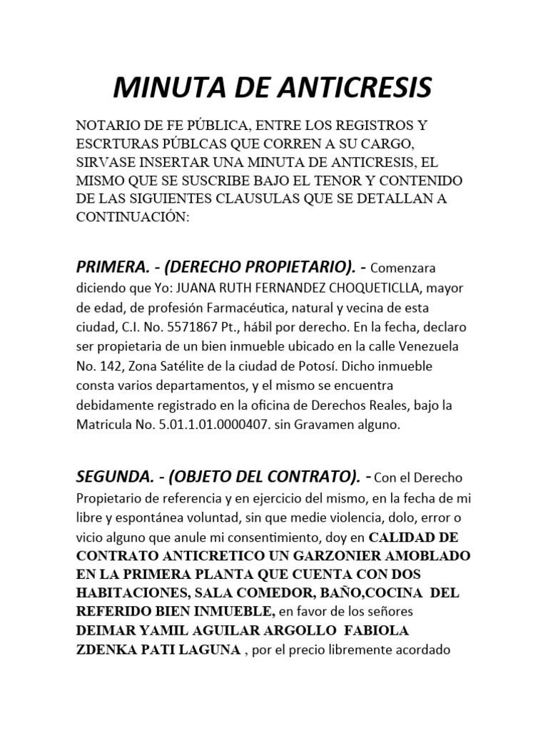 Minuta de Anticresis | PDF | Derecho | Hogar y jardín