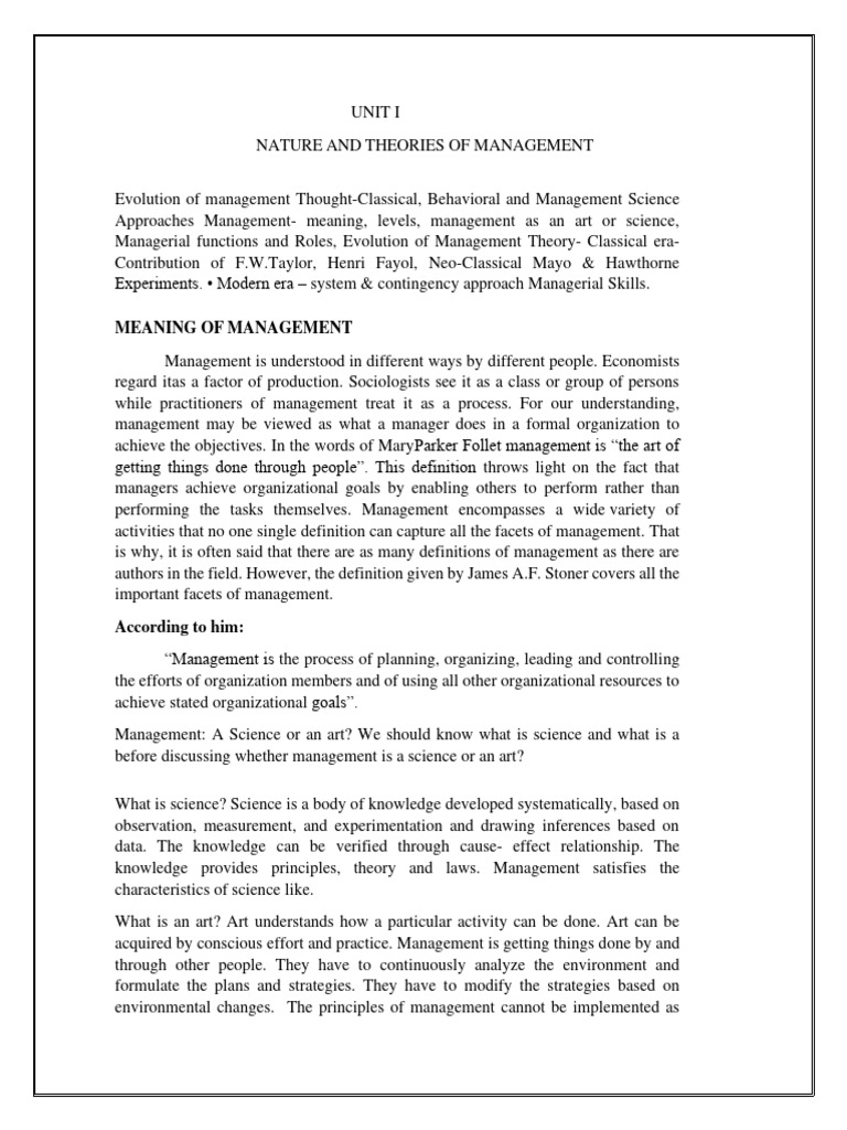 Unit I - Nature and Theories of Management | PDF | Science | Cognition