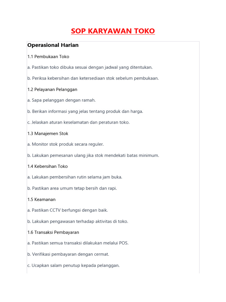 SOP Operasional Karyawan Toko | PDF | Pengelolaan Keuangan & Uang ...