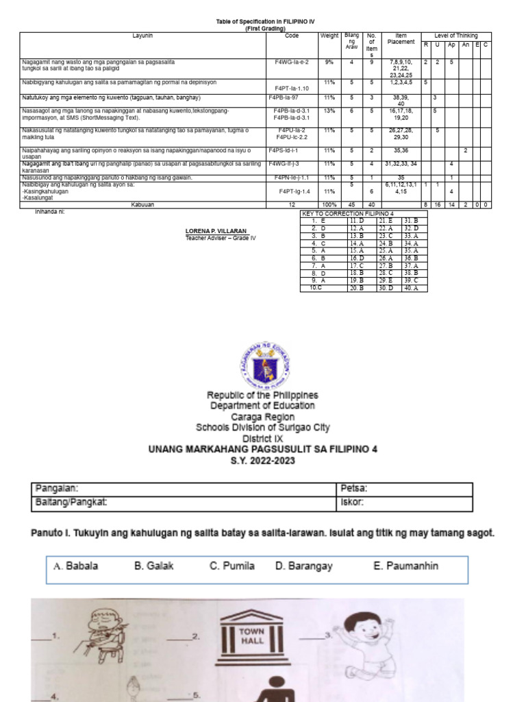 Final - Filipino 4 - Q1 TEST QUESTIONS With TOS SY - 22 23 | PDF