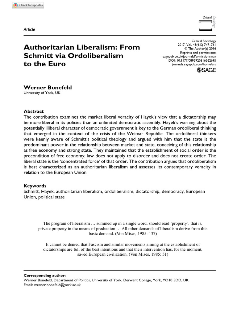 Authoritarian Liberalism, From Schmitt Via Ordoliberalism To The Euro ...