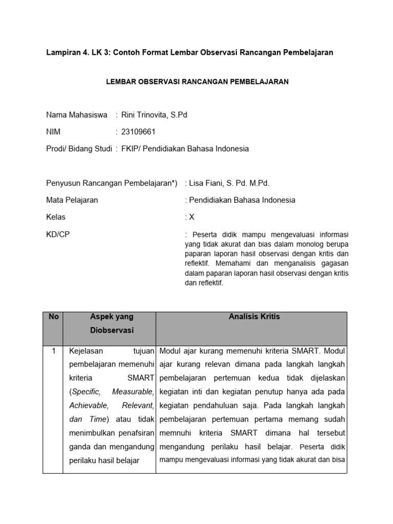 Lampiran 4. LK 3 Contoh Format Lembar Observasi Rancangan Pembelajaran ...