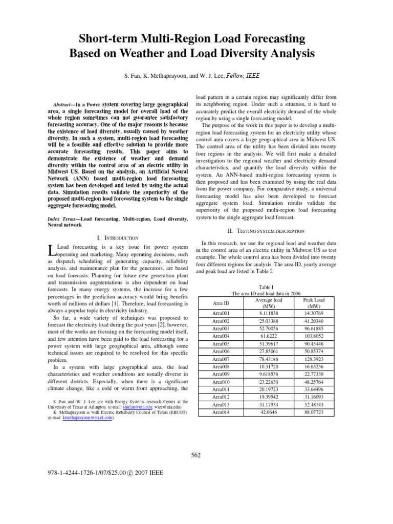 Short-Term Multi-Region Load Forecasting Based On Weather and Load Diversity Analysis | PDF ...