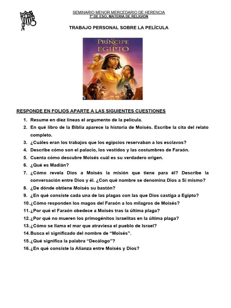 Ficha Sobre La Película El Principe de Egipto | PDF