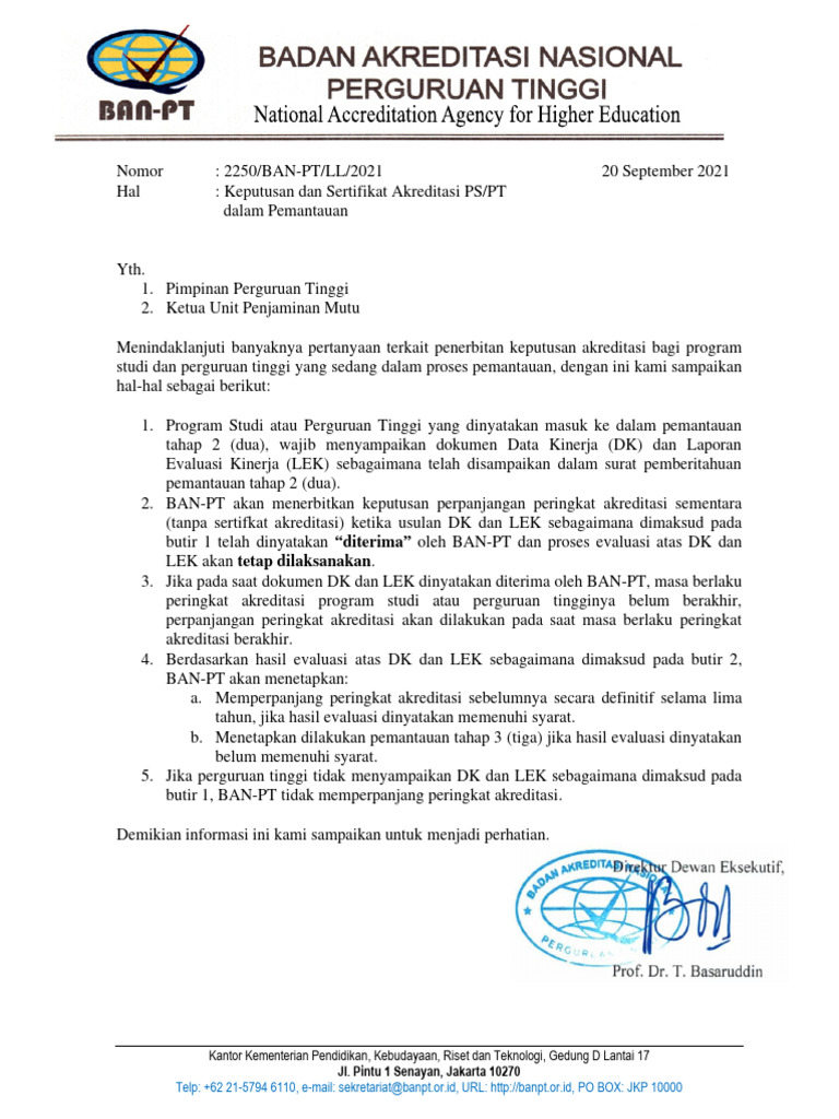 2250.BAN PT - LL - .2021 Edaran Perihal Keputusan Dan Sertifikat Akreditasi PS Atau PT Dalam ...