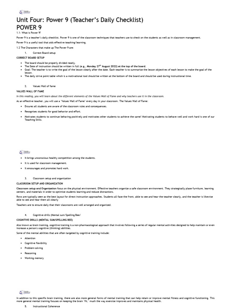 POWER 9 - TEACHERS DAILY CHECKLIST | PDF | Teachers | Learning