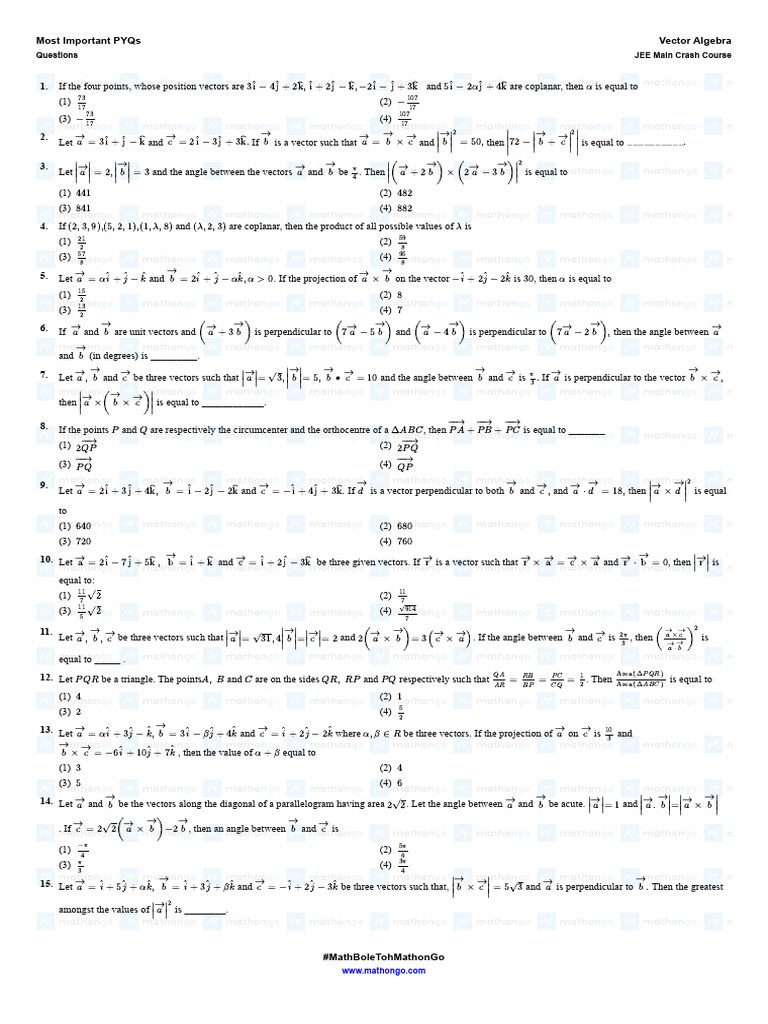 Question Most Important PYQs Vector Algebra JEE Main Crash Course MathonGo | PDF | Linear ...
