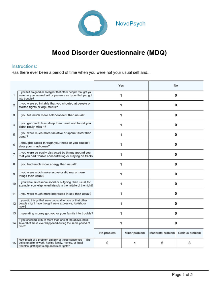 mdq-bipolar-disorder-assessment | PDF | Mental Disorder | Psychological ...