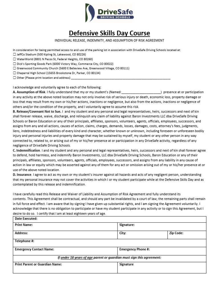 DriveSafe DSD Waiver | PDF | Indemnity | Legal Concepts