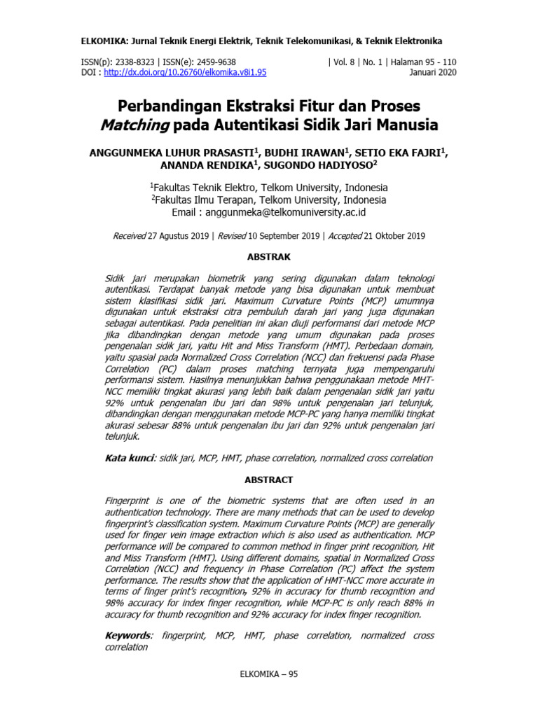 Perbandingan Ekstraksi Fitur Dan Proses Matching Pada Autentikasi Sidik Jari Manusia | PDF ...